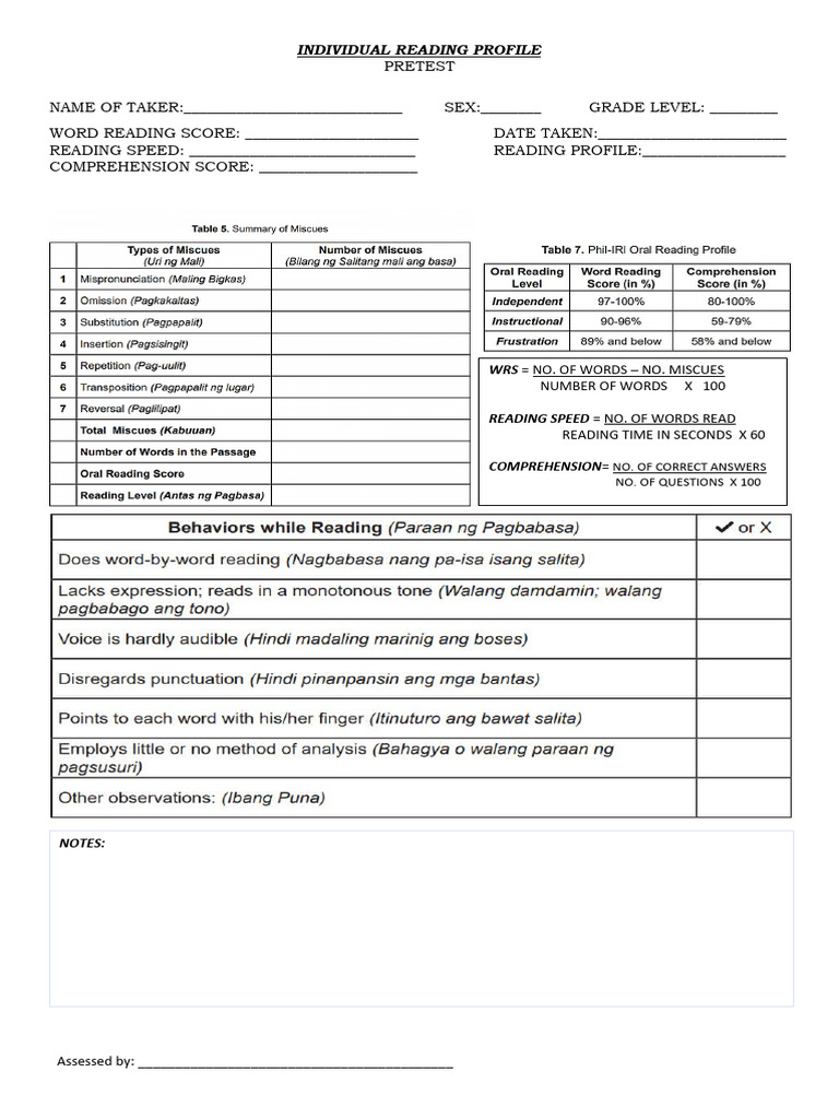 Individual Reading Profile School Template | PDF | Tests | Evaluation ...