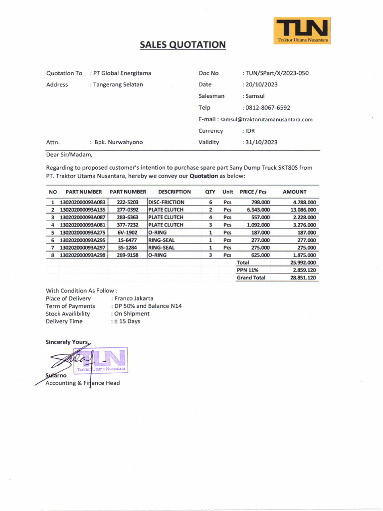 050-Quotation Part SANY Dump Truck-PT Global Energitama - Scan | PDF