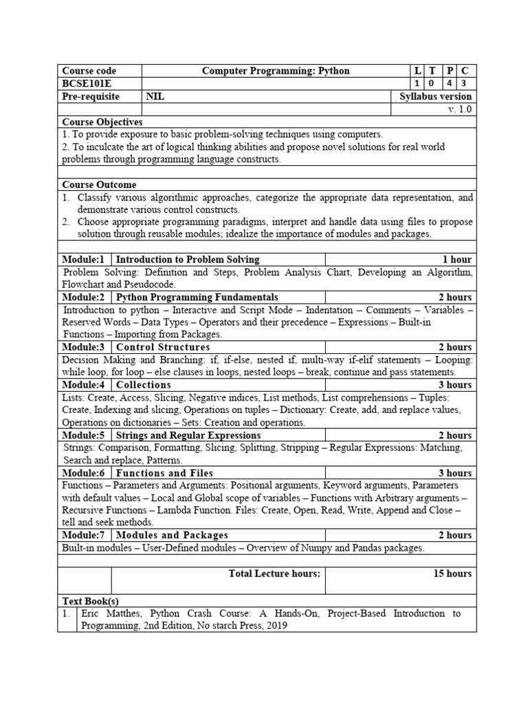 BCSE101E Python Syllabus | PDF | Parameter (Computer Programming) | Control Flow