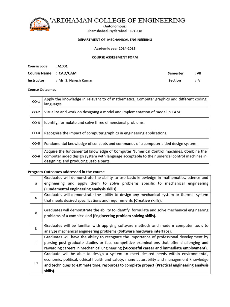 Assessment form _ CAD_CAM 2014-15 | PDF | Engineering | Mechanical Engineering