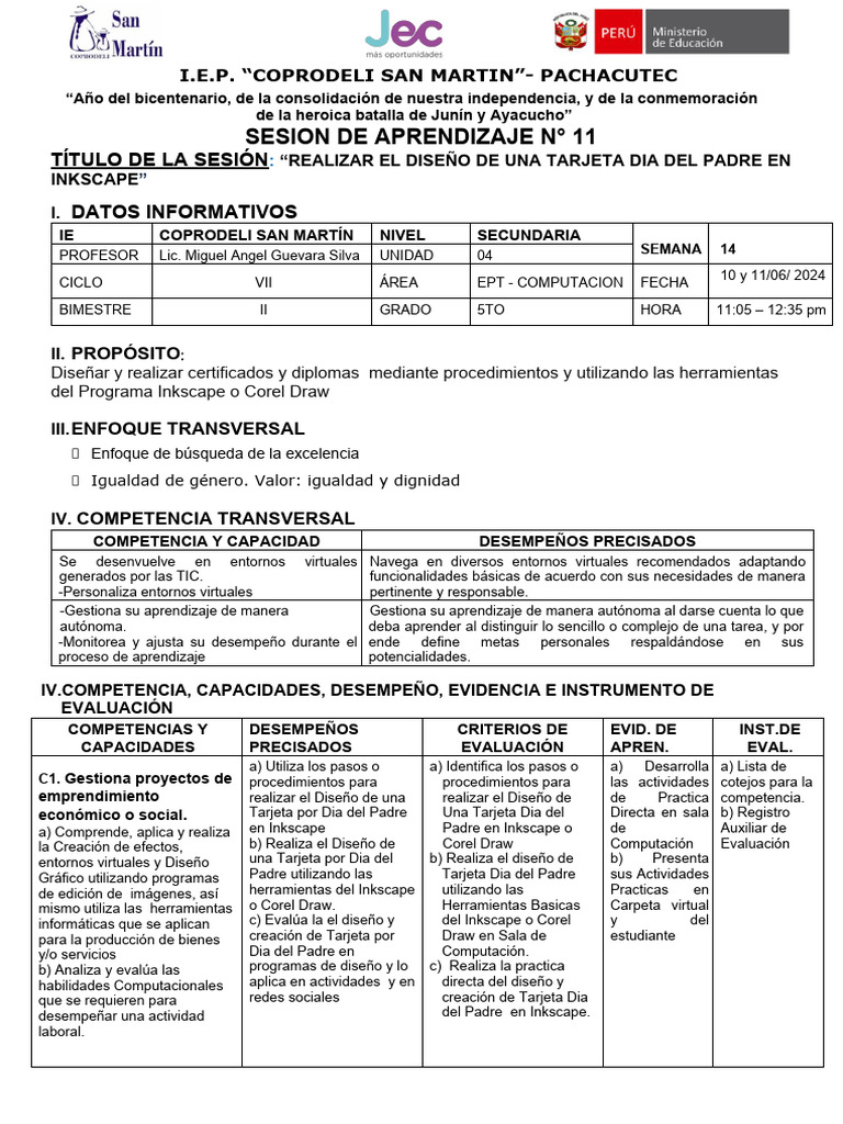 Sesion de Aprendizaje Ept Computacion 5to Coprodeli SM 2024 Clase 11 | PDF | Diseño | Evaluación