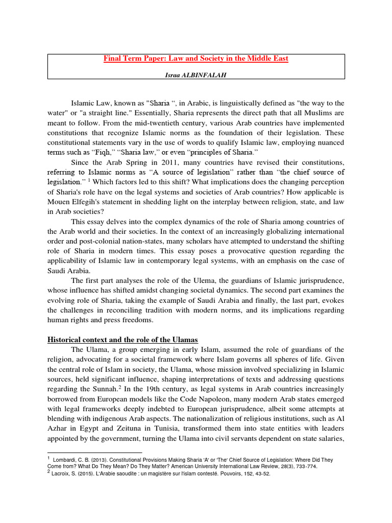 Law and Society in The Middle East (Israa ALBINFALAH) | PDF | Sharia | Saudi Arabia