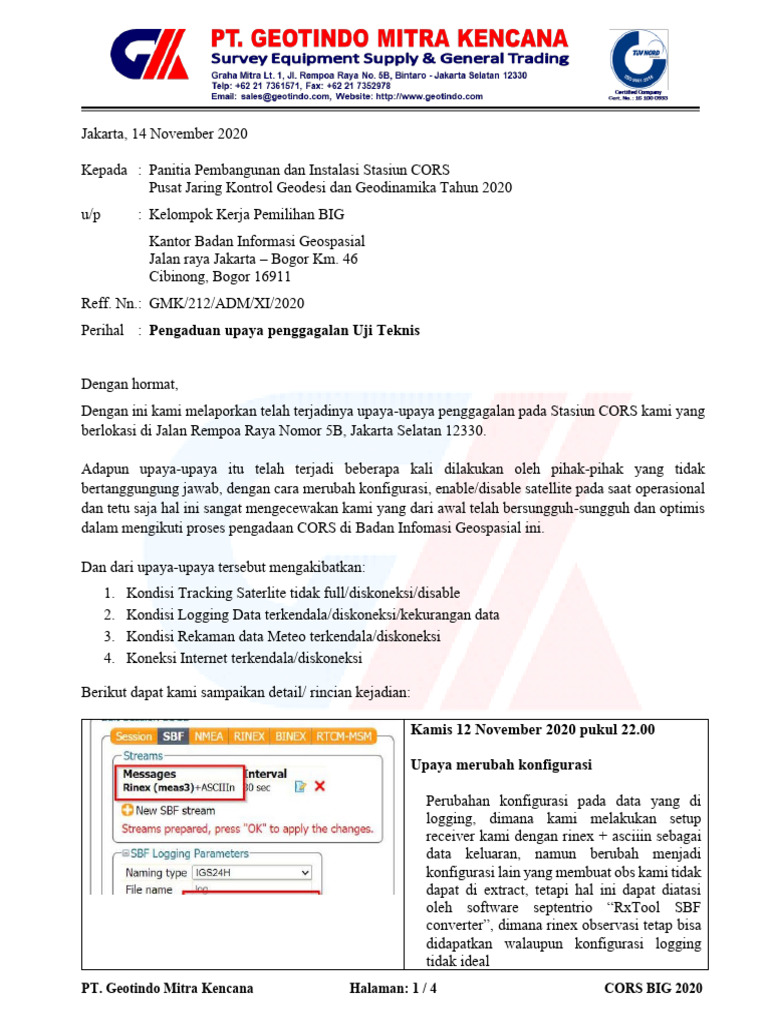 Perihal Pengaduan Upaya Penggagalan Uji Teknis CORS BIG 2020 | PDF