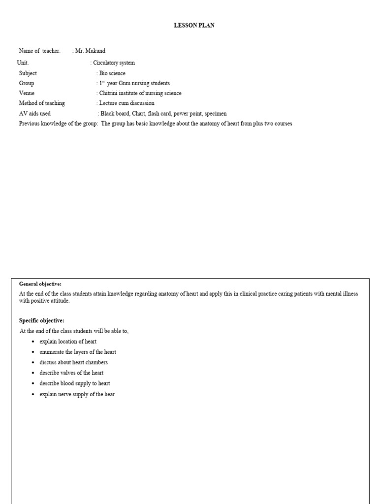 Lesson Plan Heart | PDF | Heart Valve | Coronary Circulation