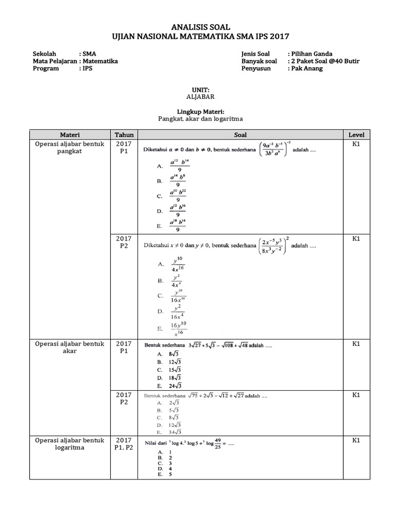 Analisis Soal UN Matematika SMA IPS 2017 | PDF