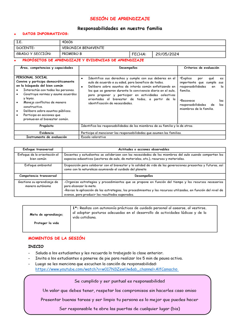 1º U3 S2 Sesion D1 PS Responsabilidades en Nuestra Familia | PDF | Evaluación | Aprendizaje