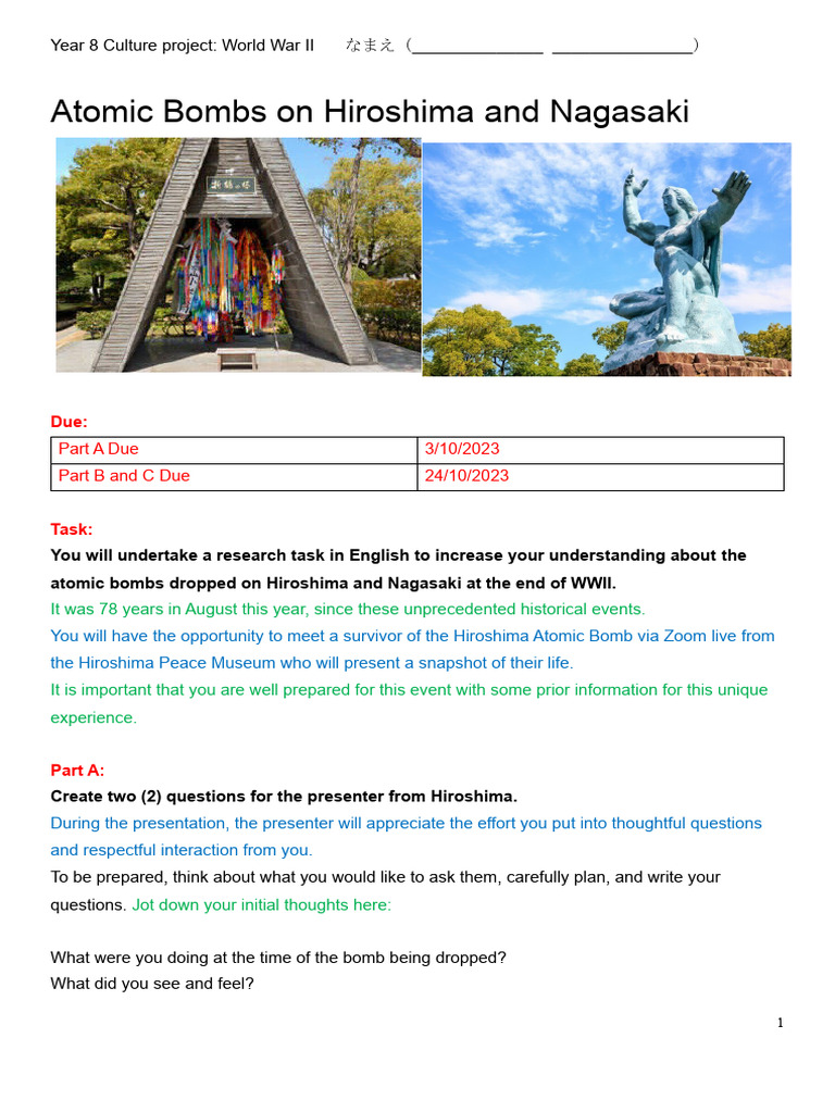 Yr 8 Culture Project T4 2023 Hiroshima and Nagasaki Atomic Bomb | PDF | Atomic Bombings Of ...