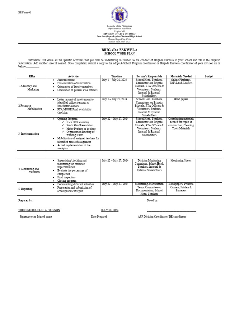 BE Form 2 SCHOOL WORK PLAN | PDF