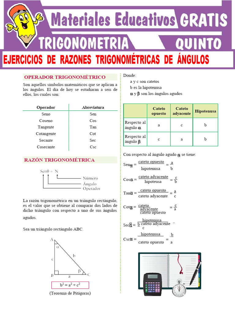 Ejercicios de Razones Trigonométricas de Ángulos Agudos para Quinto Grado de Secundaria | PDF ...