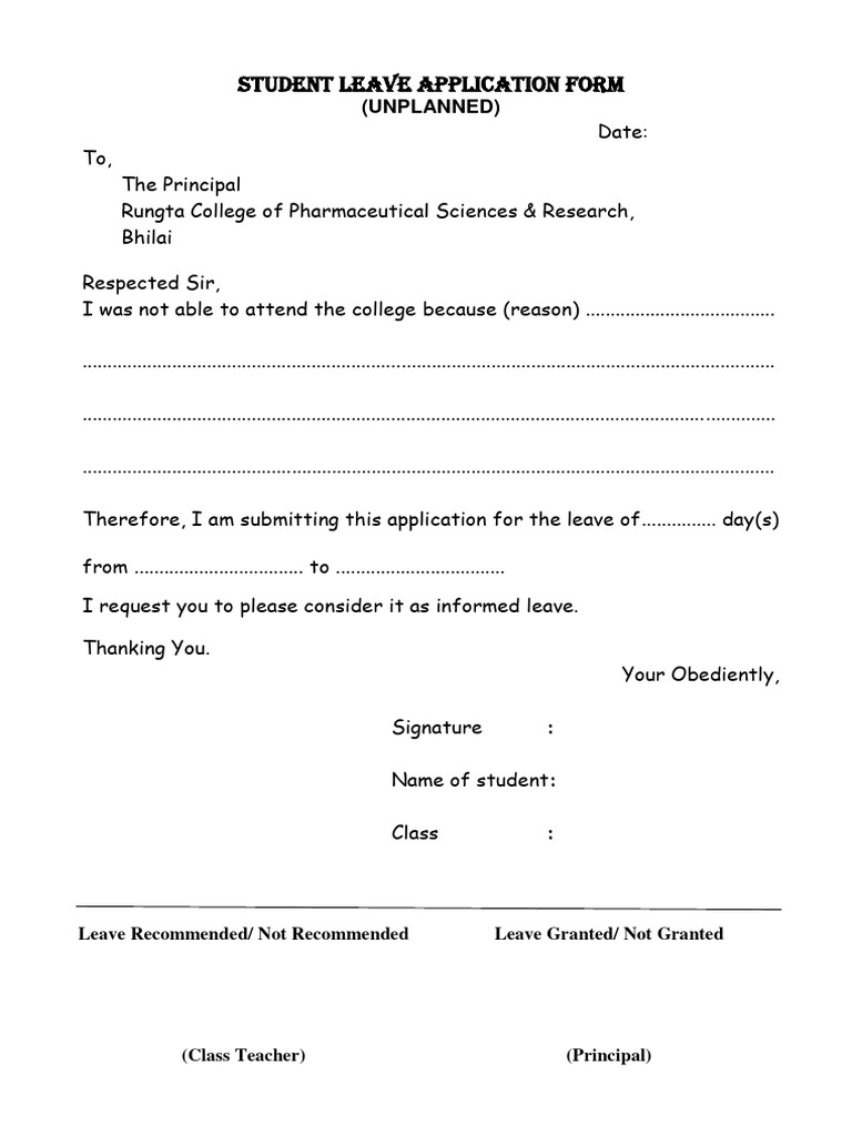 Unplanned Student Leave Application Form | PDF