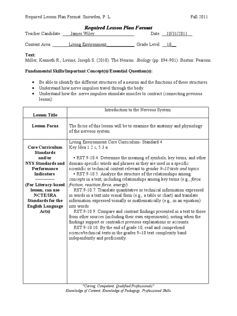 Grade 10 Nervous System Lesson Plan | PDF | Neuron | Axon
