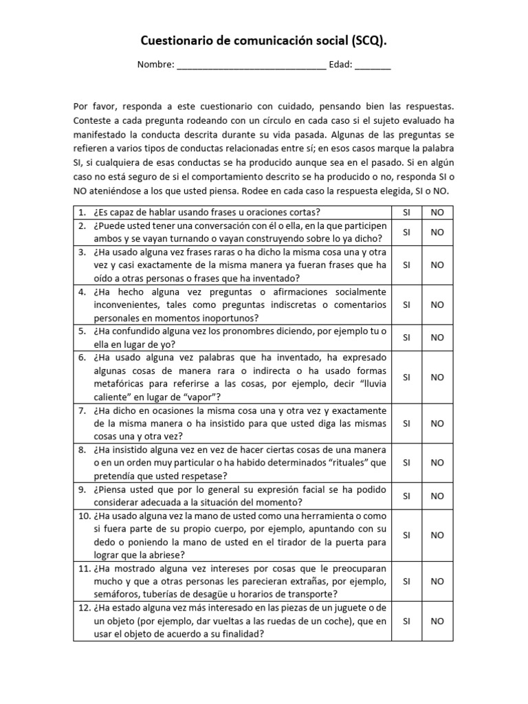 Cuestionario de Comunicacion Social - SCQ | PDF | Cuestionario