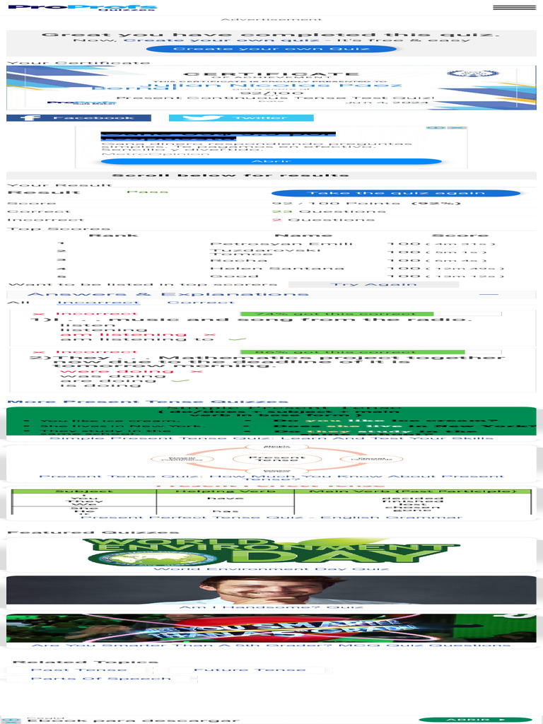 Score Report Present Continuous Tense Test Quiz! | PDF | Language ...