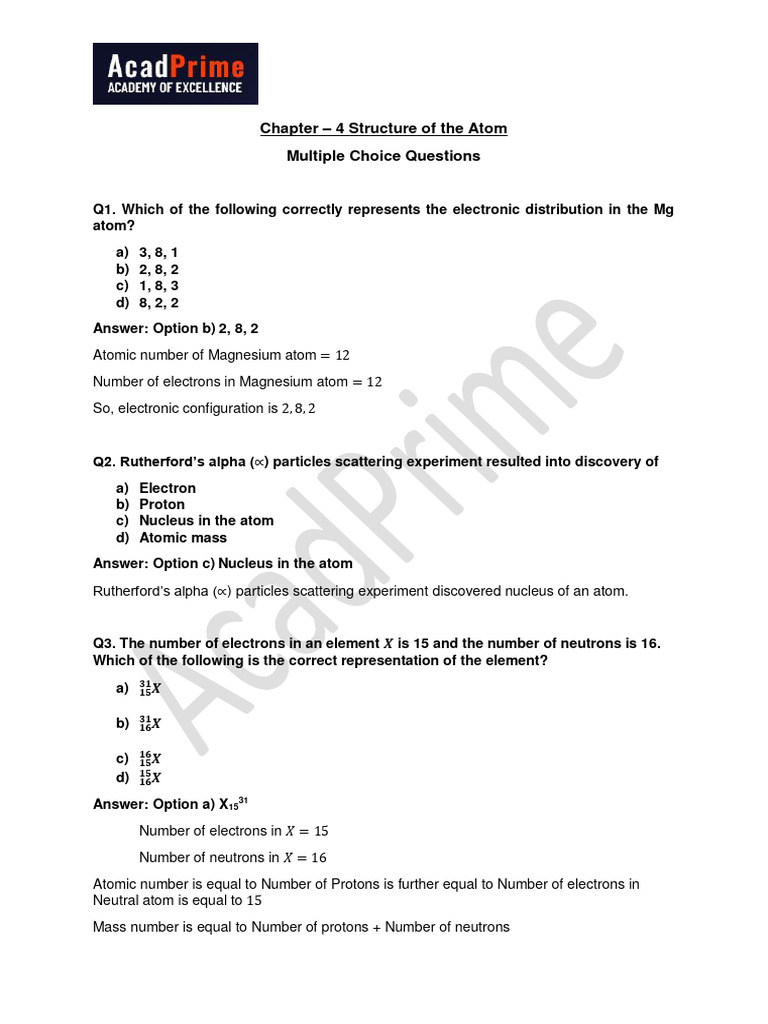 4 Structure of The Atom Multiple Choice Questions | PDF | Atoms ...
