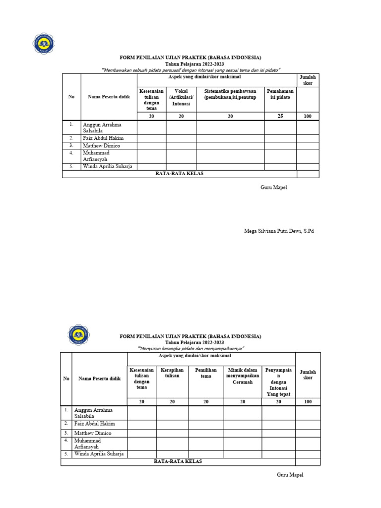 Form Penilaian Ujian Praktek 2022-2023 | PDF