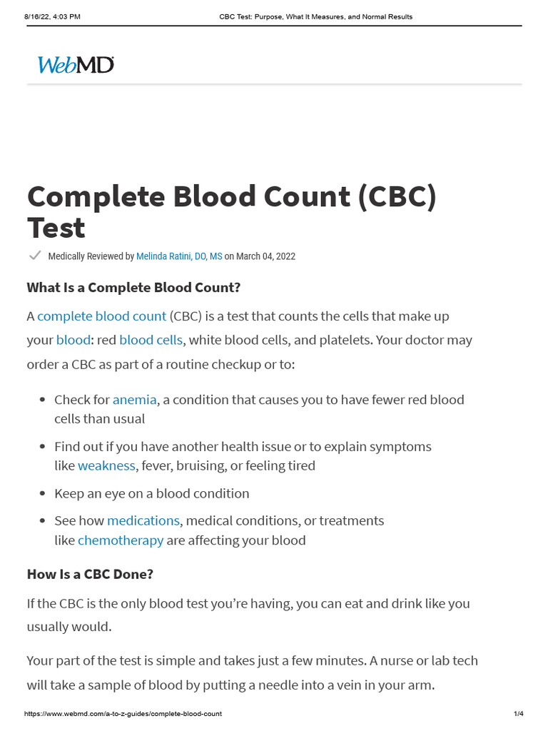 CBC Test - Purpose, What It Measures, and Normal Results | PDF | Blood ...