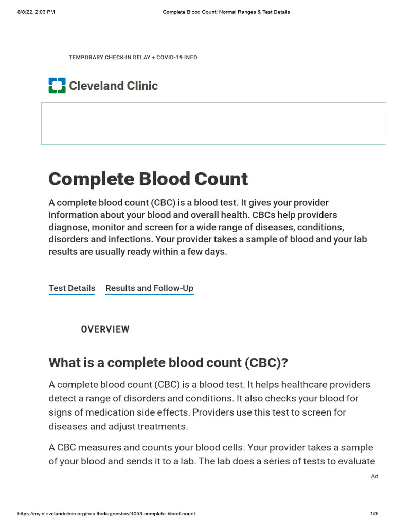 Complete Blood Count - Normal Ranges & Test Details | PDF | Blood Cell ...