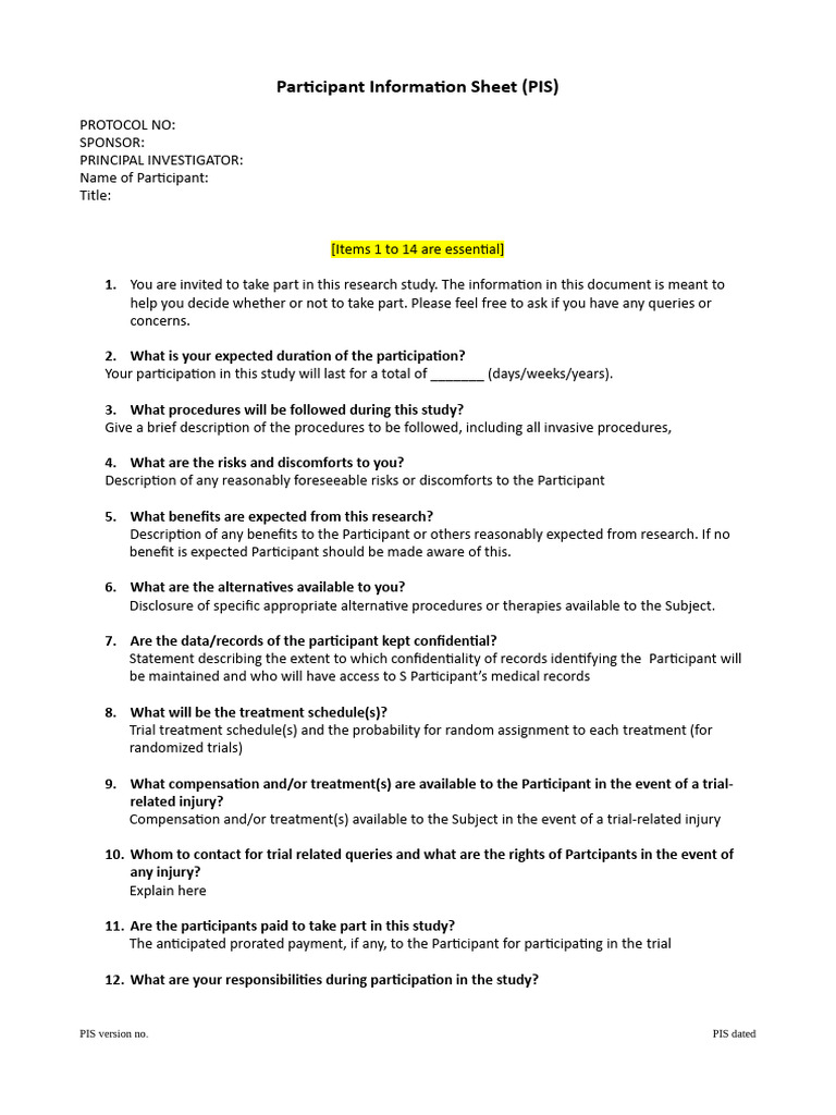Participant Information Sheet (PIS) : PIS Version No. PIS Dated | PDF ...