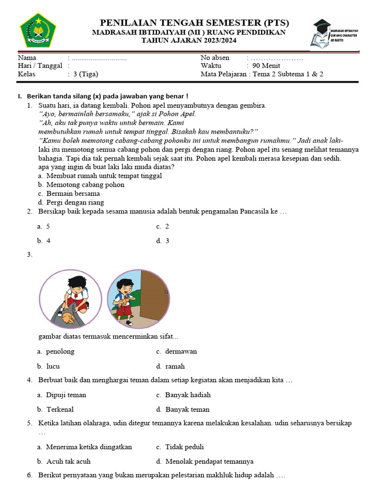 Soal PTS Kelas 3 Tema 2 Sub 1&2 | PDF | Griya & Taman