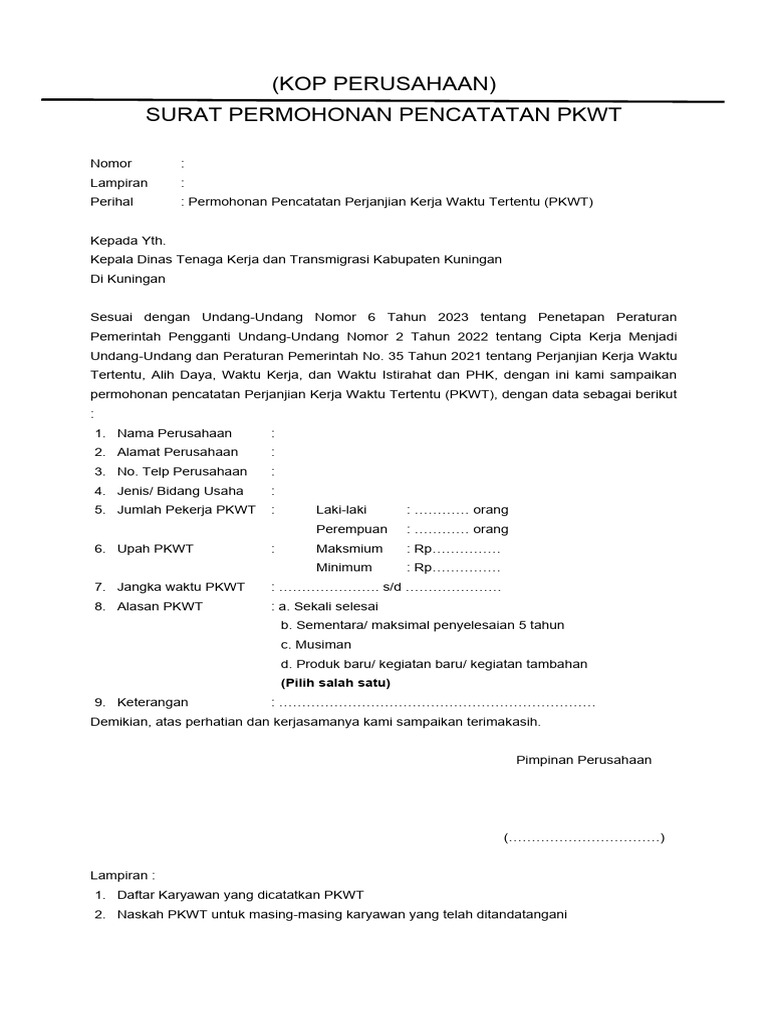 1. Surat Permohonan Pencatatan PKWT | PDF