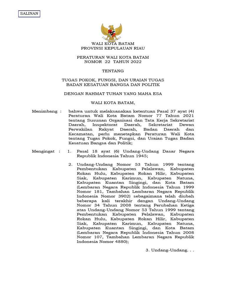 Perwali Batam No 22 Tahun 2022 | PDF