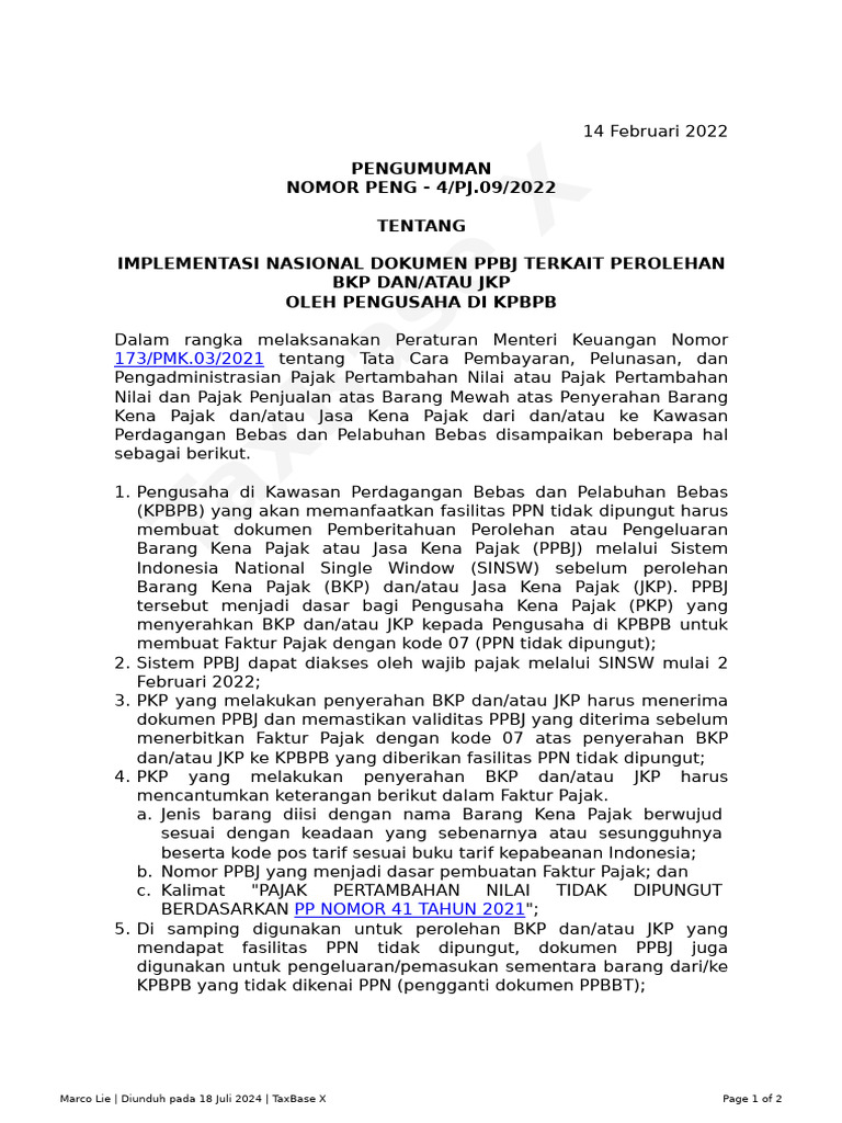 Pengumuman Nomor - PENG - 4 - PJ.09 - 2022 | PDF