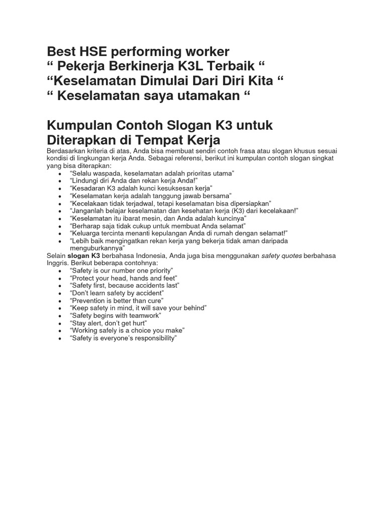 Kumpulan Contoh Slogan K3 Untuk Diterapkan Di Tempat Kerja | PDF ...
