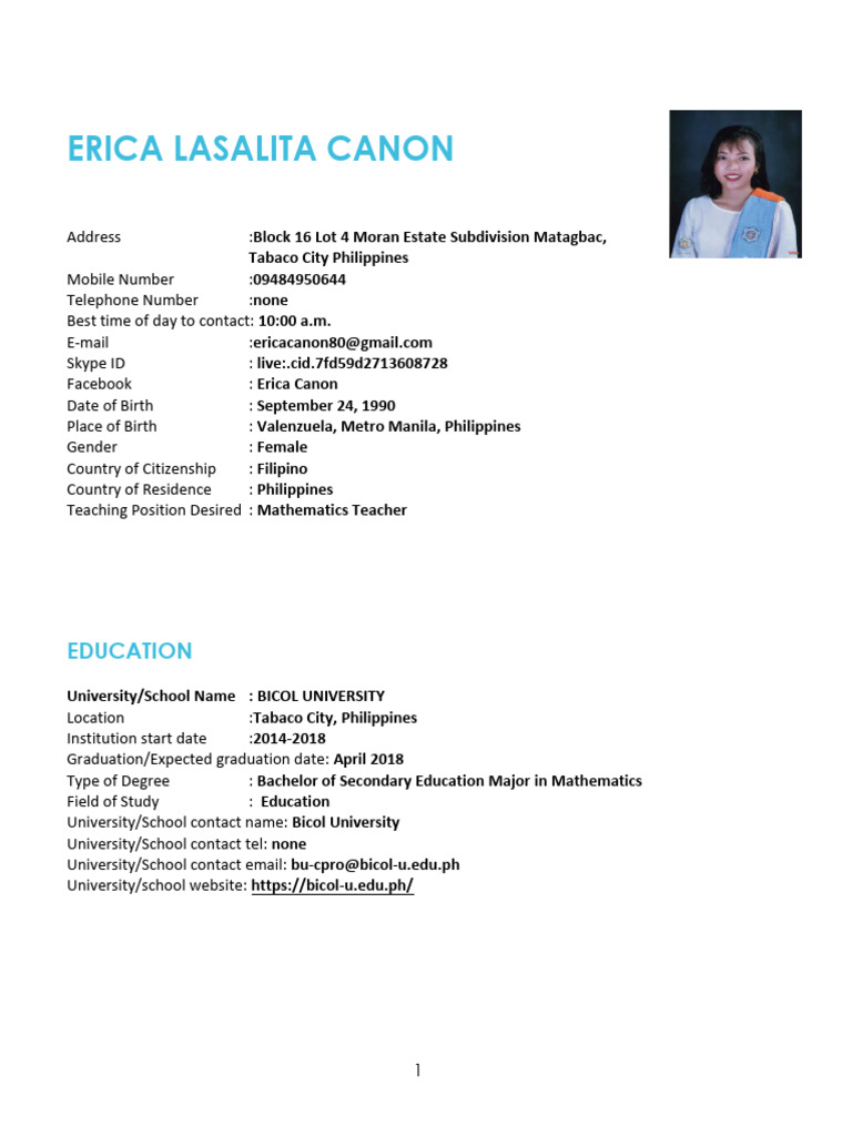 CANON - Erica - Resume - Mathematics and Elementary Teacher | PDF | Educational Assessment ...