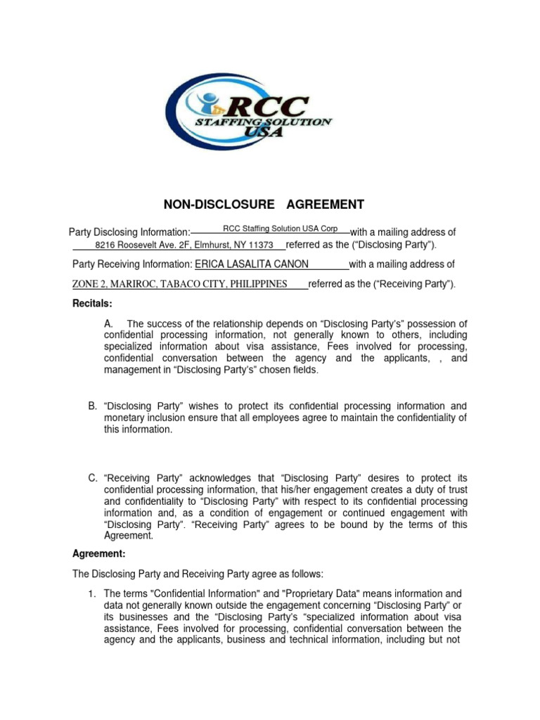 RCC Nda Format | PDF | Non Disclosure Agreement | Justice