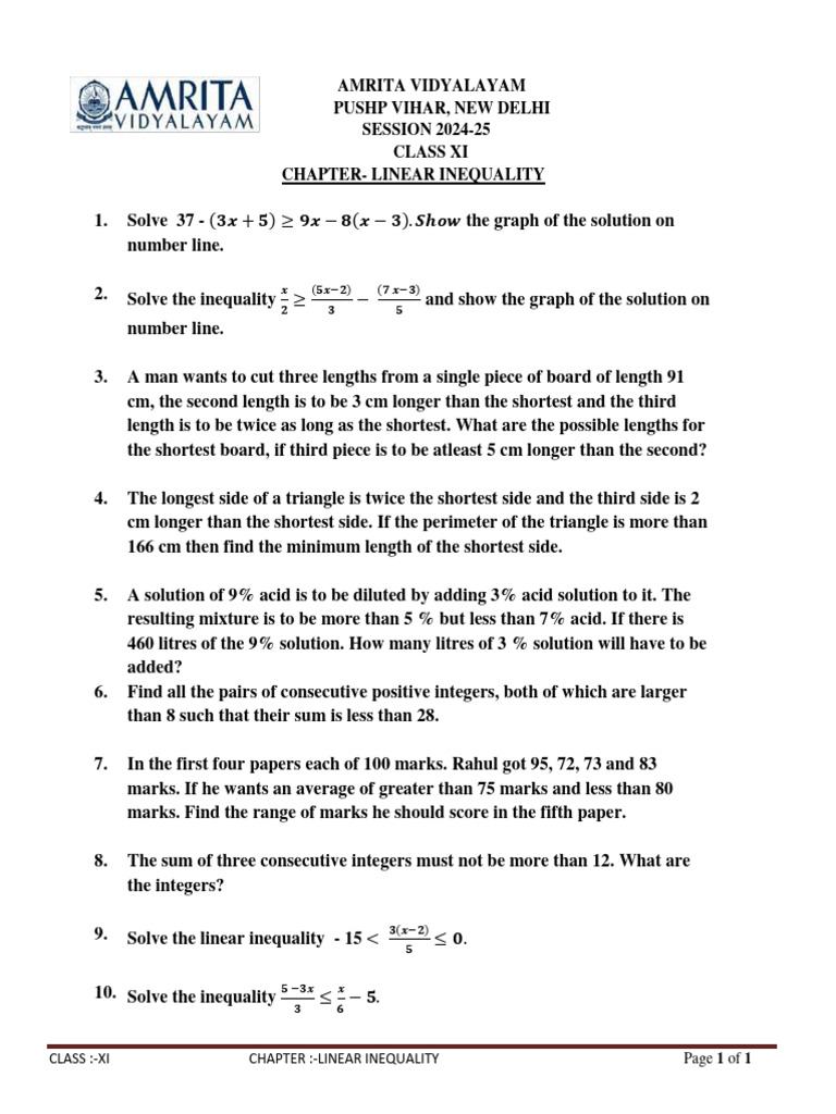 CLASS XI Linear Inequality | PDF