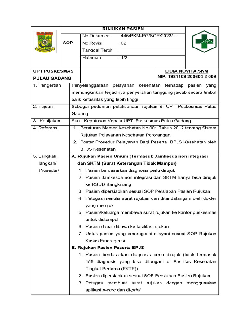 7.5.1.1,2,4. SOP Rujukan Pasien | PDF