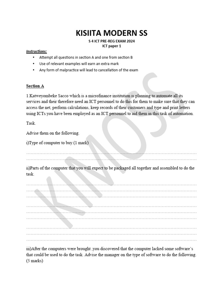 S4 ICT PAPER ONE PREREG EXAM | PDF | Computing