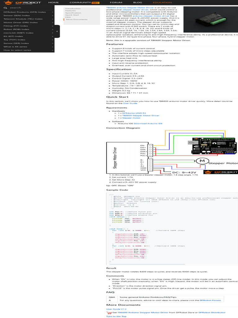 TB6600 Stepper Motor Driver SKU DRI0043-DFRobot | PDF | Arduino | Computer Engineering