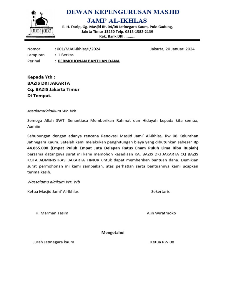 Permohonan Dana Renovasi Masjid | PDF | Perjalanan