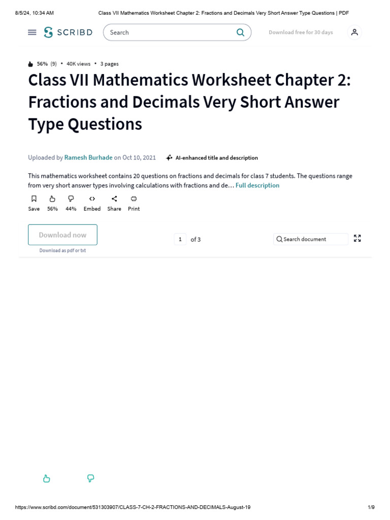 Class VII Mathematics Worksheet Chapter 2 - Fractions and Decimals Very ...