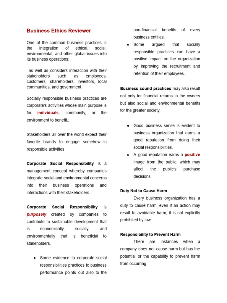 Business Ethics Reviewer | PDF | Corporate Social Responsibility ...