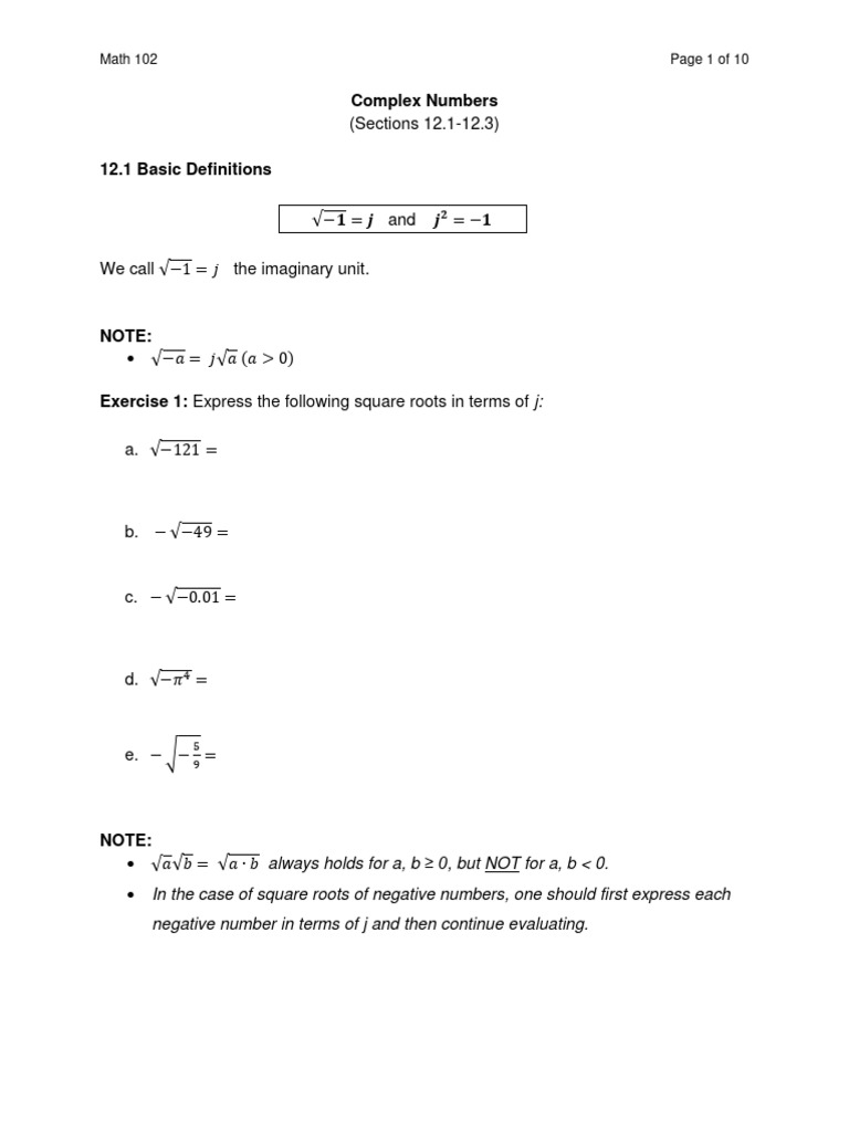Math 102 - Complex Numbers (12.1-12.3) | PDF | Mathematical Notation | Abstract Algebra