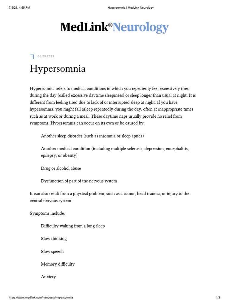 Hypersomnia - MedLink Neurology | PDF | Sleep | Human Diseases And ...