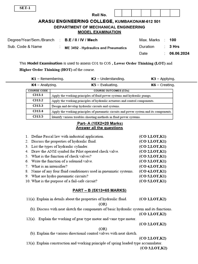 HP Model Exam QP | PDF | Valve | Mechanical Engineering