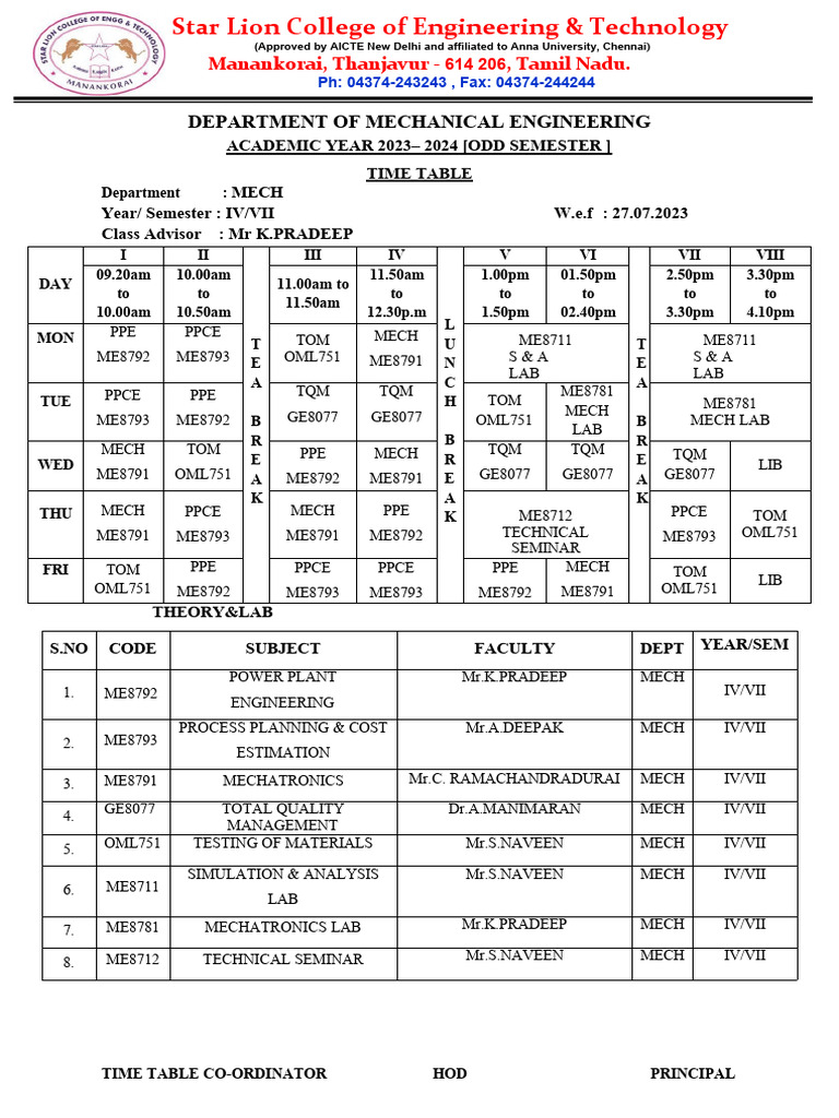 Mech Time Table Final | PDF | Engineering | Physical Sciences