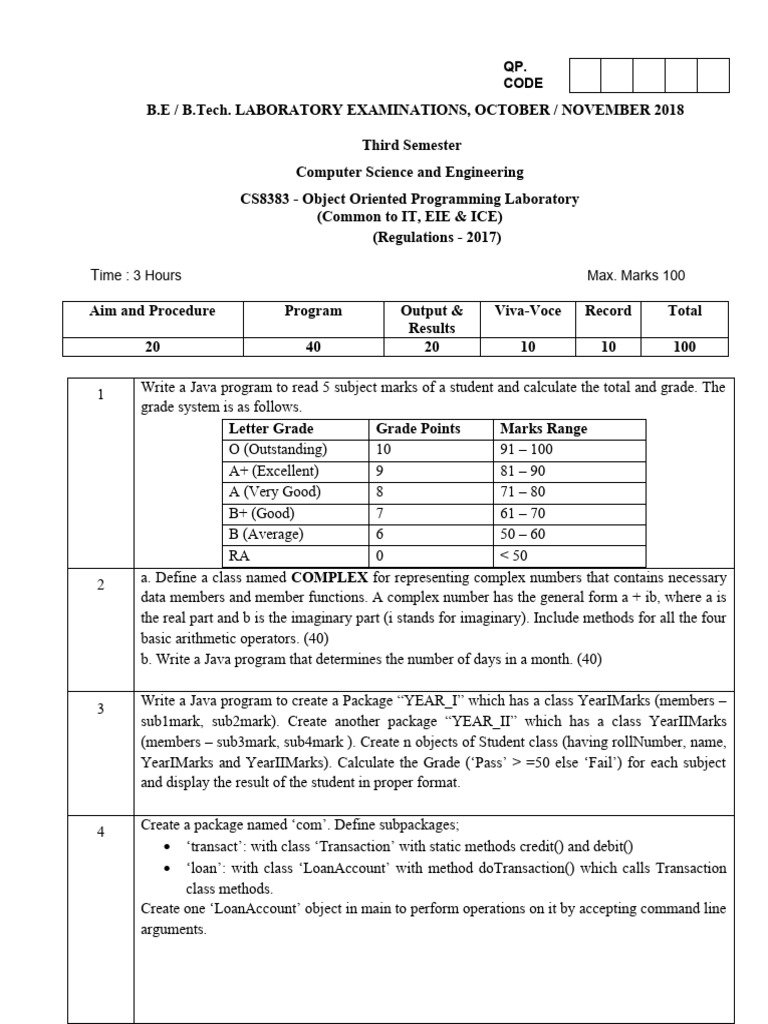 Ime: 3 Hours Max. Marks 100: QP. Code | PDF | Class (Computer Programming) | Method (Computer ...
