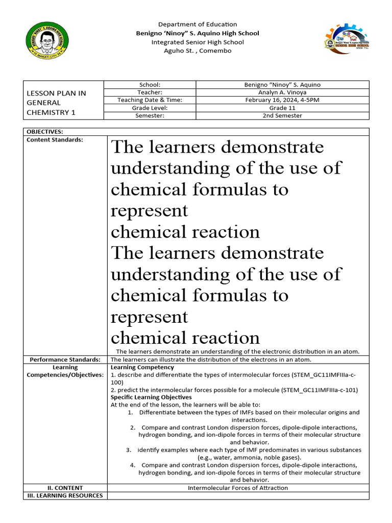 Lesson Plan_Intermolecular Forces of Attraction | PDF | Intermolecular ...