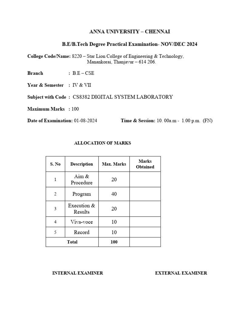 CS8382 Digital System Lab Exam Details | PDF | Science