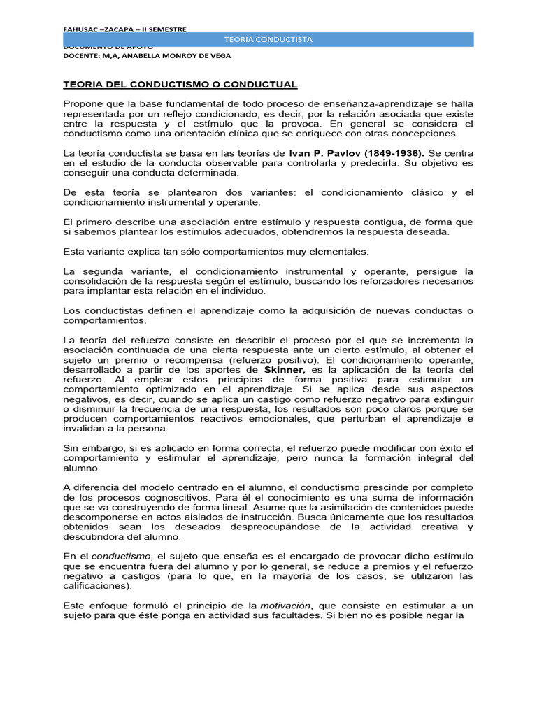 Documento Teorias Conductista, Activa, Personalizada | PDF ...