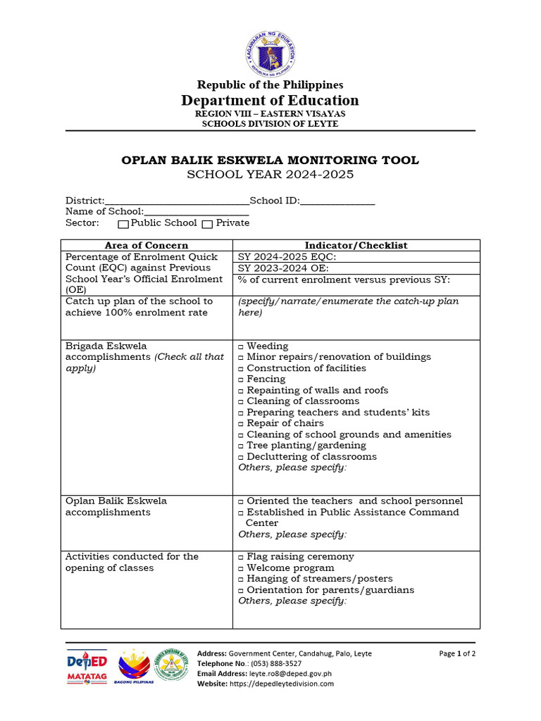 2025 Brigada Eskwela Monitoring Checklist 2024