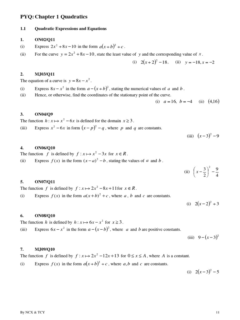 P1 PYQ Chapter1 Quadratics | PDF | Tangent | Equations