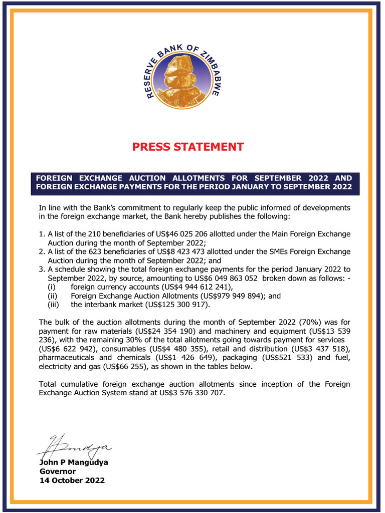 Press Statement - Foreign Currency Allotments For Jan - Sept 2022 | PDF ...