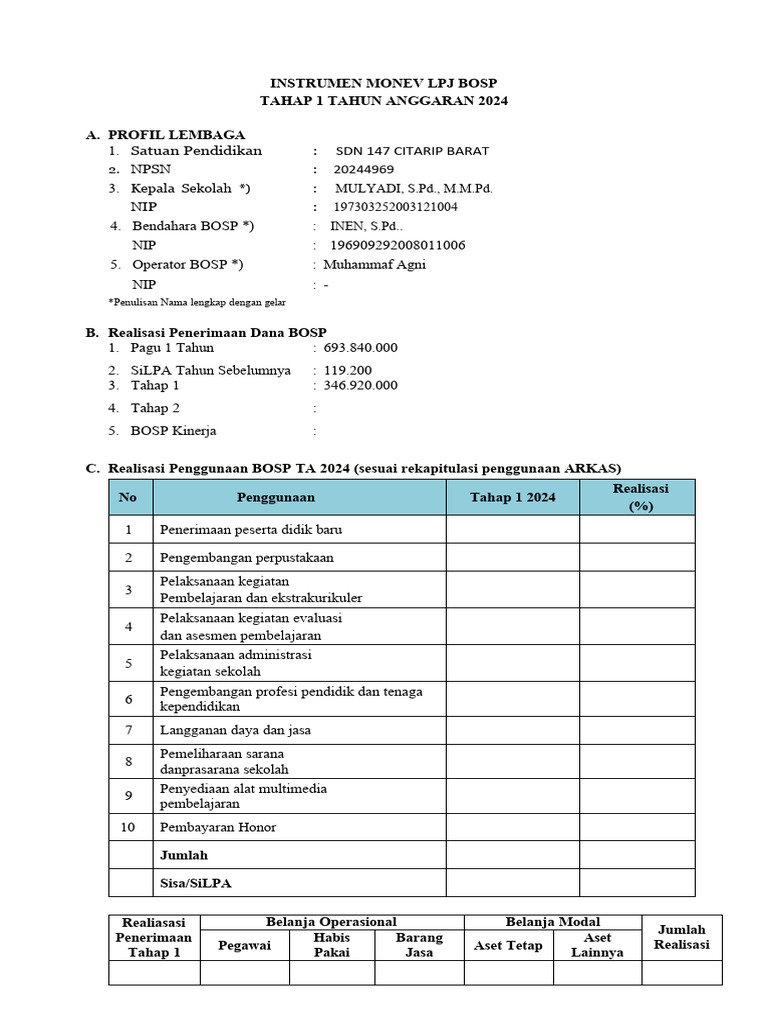 INSTRUMEN MONEV LPJ BOSP Untuk Sekolah | PDF