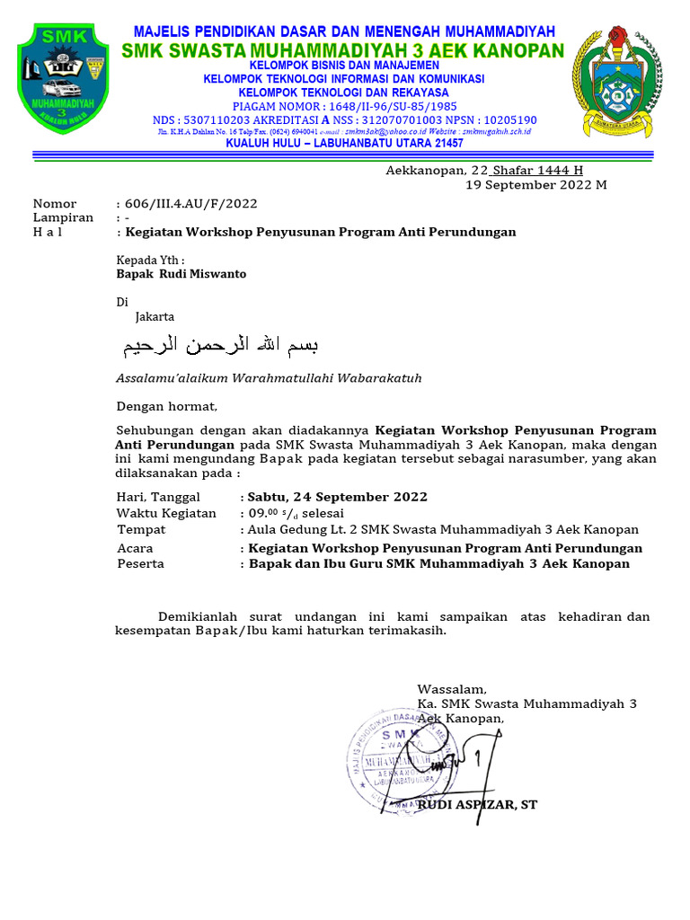 Surat Undangan narasumber Kegiatan Workshop penyusunan program anti perundungan point 22 | PDF