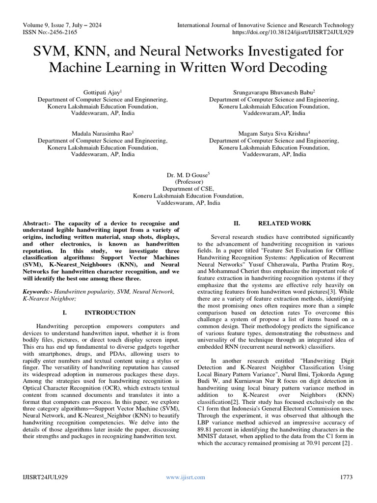 SVM, KNN, Neural Networks in Handwriting Recognition | PDF | Artificial Neural Network | Support ...